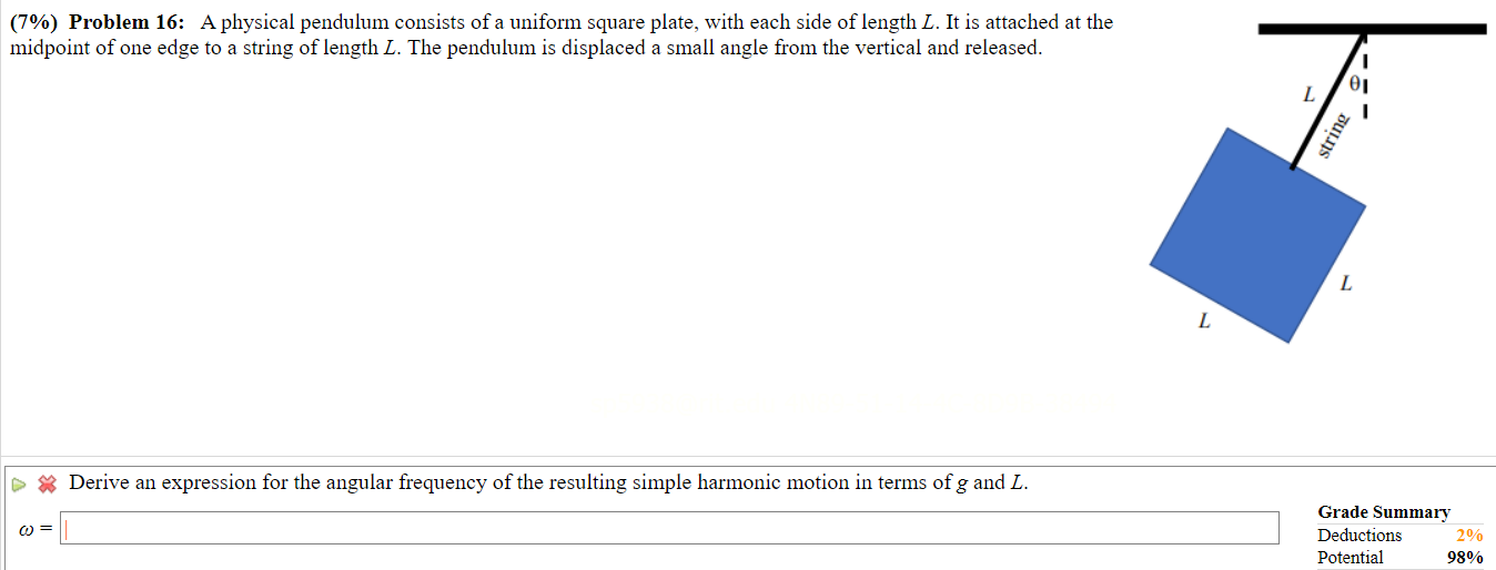 Solved (7\%) Problem 16: A physical pendulum consists of a | Chegg.com