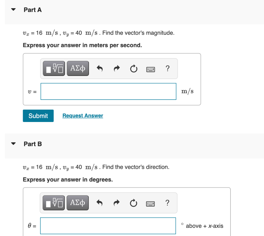 Solved vx=16 m/s,vy=40 m/s. Find the vector's magnitude. | Chegg.com