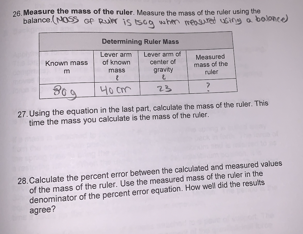 Solved 26. Measure the mass of the ruler. Measure the mass | Chegg.com