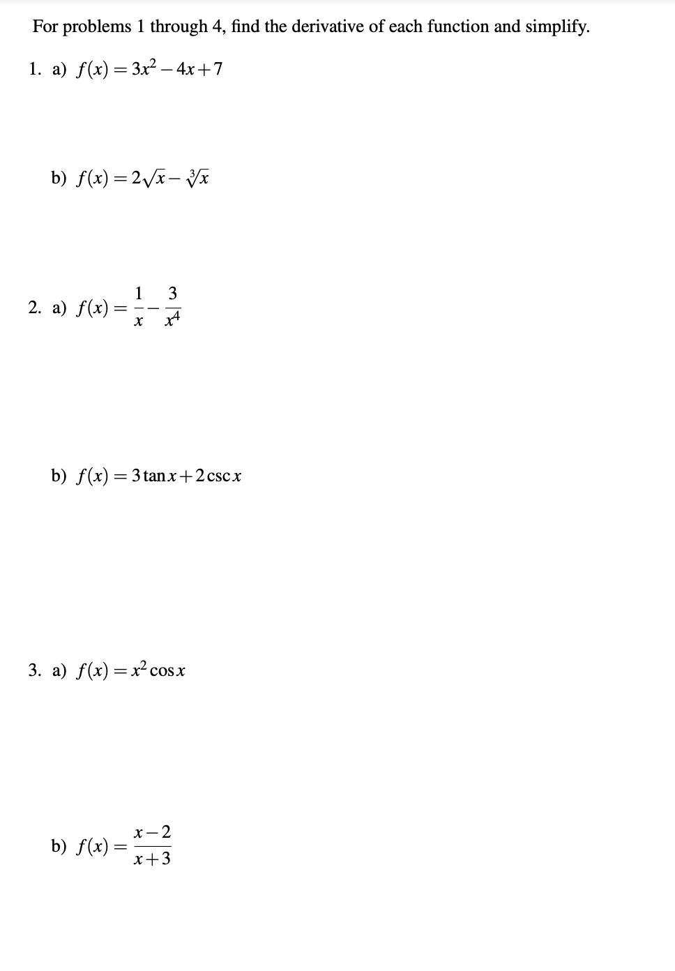 Solved For problems 1 through 4, find the derivative of each | Chegg.com