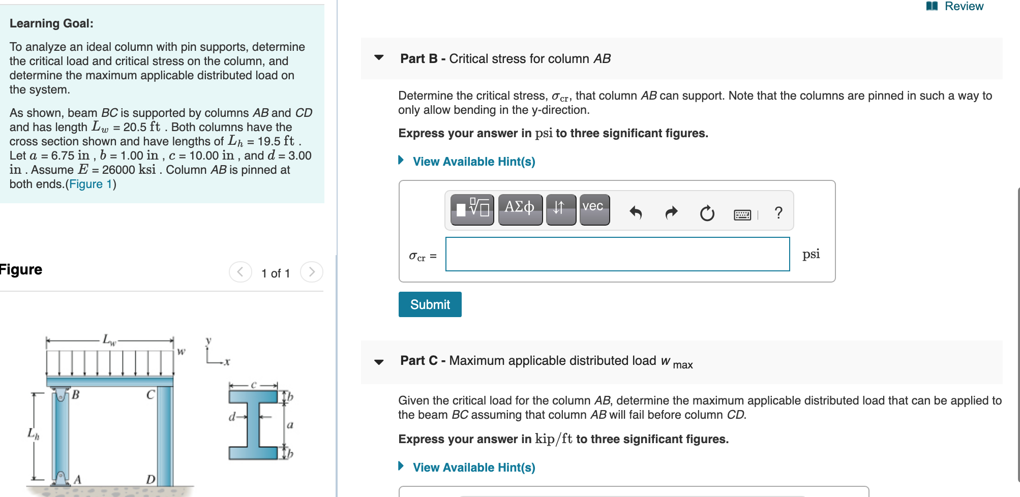 Solved II Review Part A - Critical load for column AB | Chegg.com