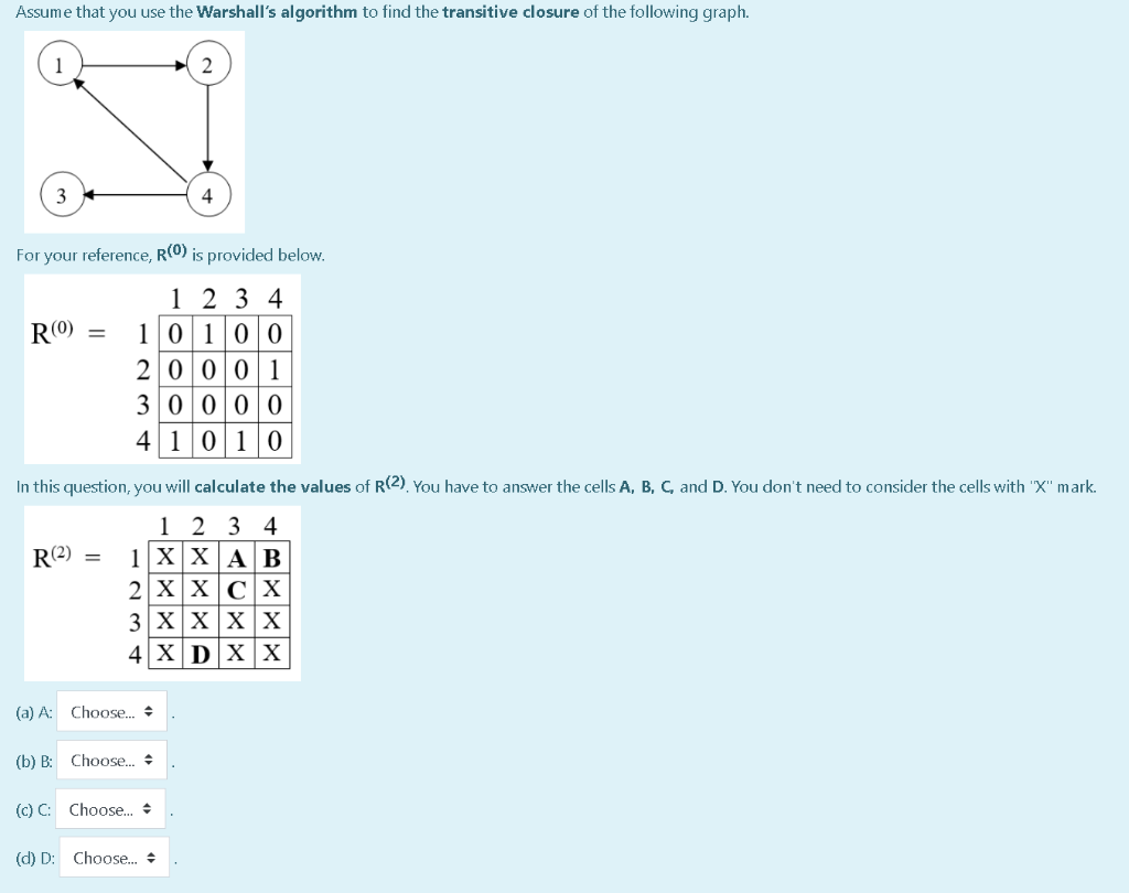 Solved Assume that you use the Warshall's algorithm to find | Chegg.com