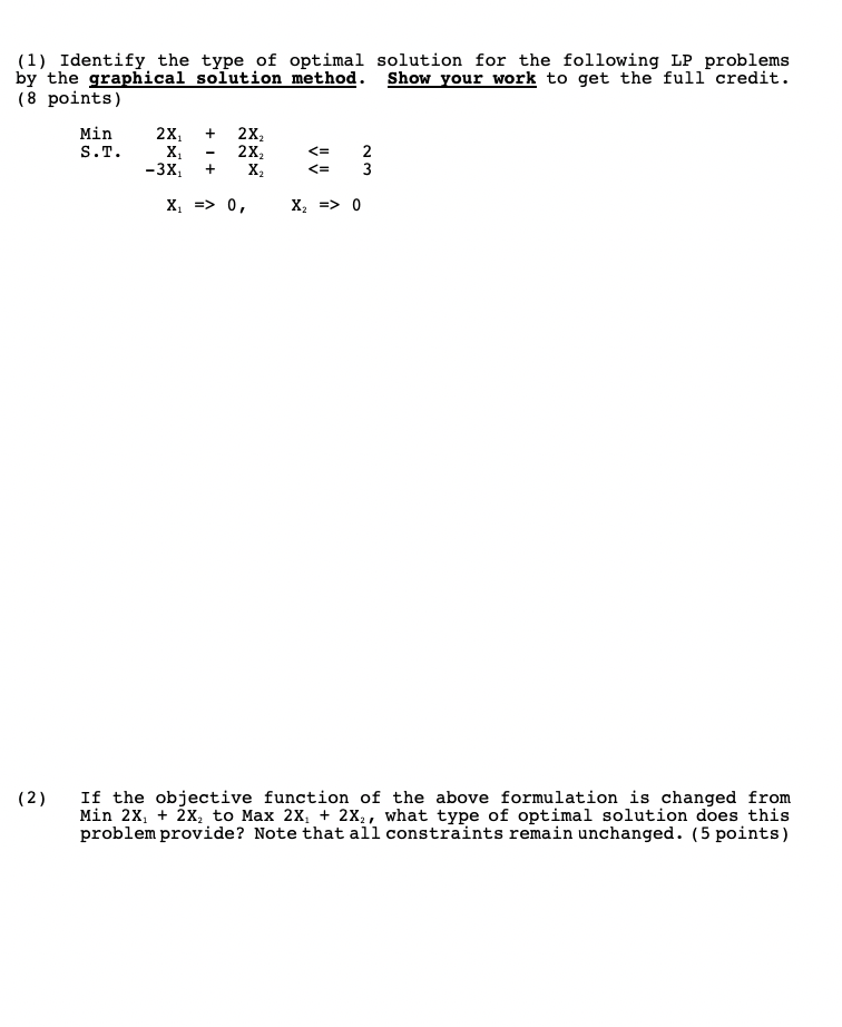 Solved (1) Identify the type of optimal solution for the | Chegg.com