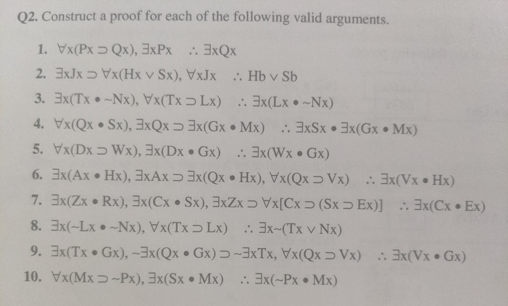 Q2. Construct a proof for each of the following valid | Chegg.com
