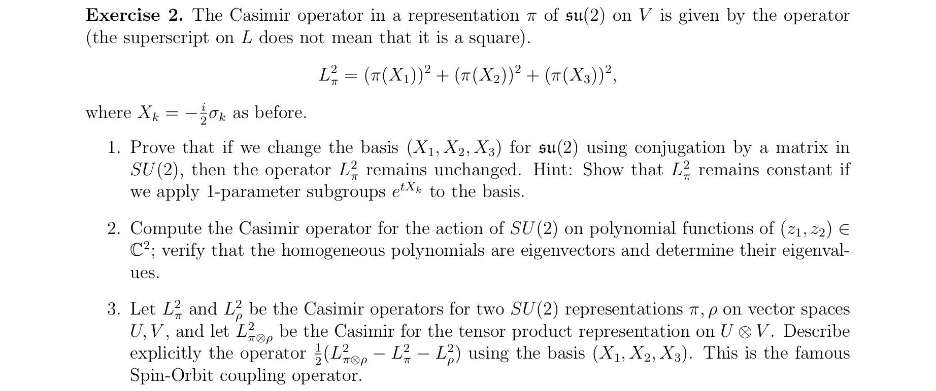 Exercise 2. The Casimir operator in a representation | Chegg.com