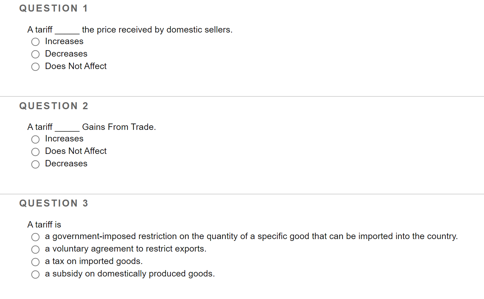 Solved QUESTION 1 A tariff the price received by domestic | Chegg.com
