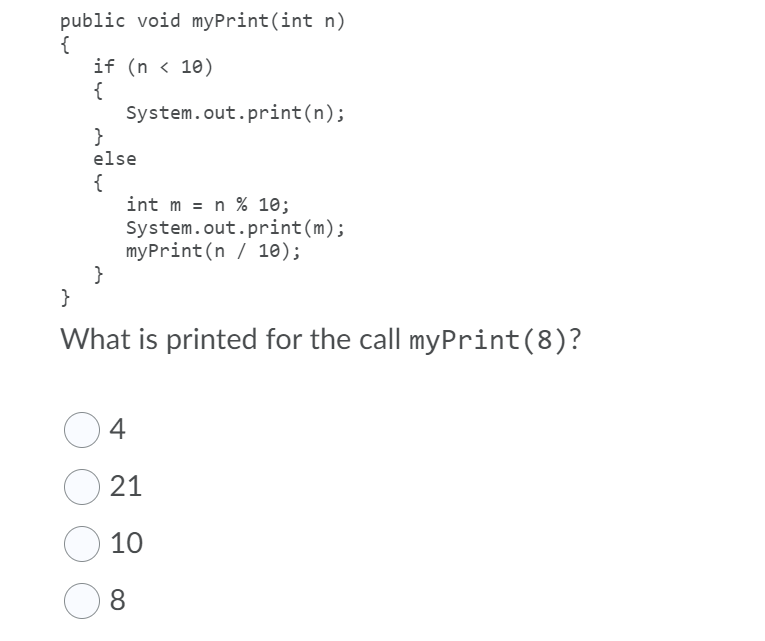 Solved public void myPrint(int n) { if (n