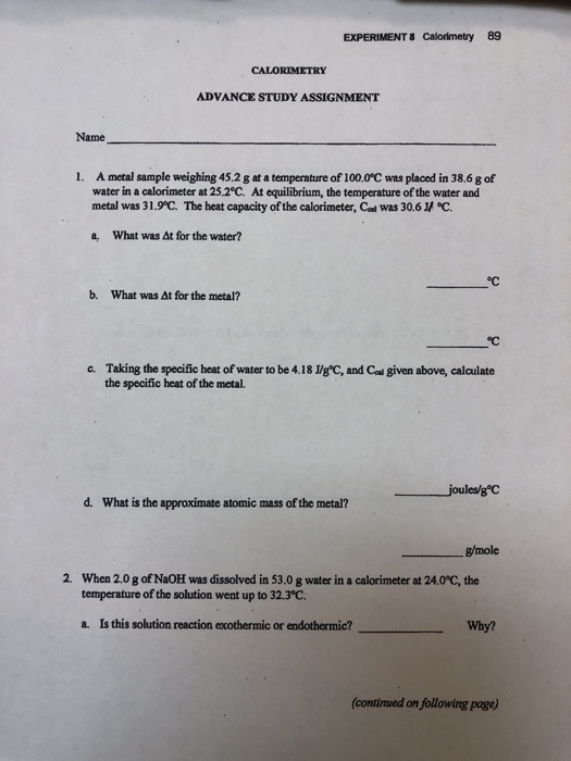 Solved EXPERIMENT8 Calorimetry 89 CALORIMETRY ADVANCE STUDY | Chegg.com
