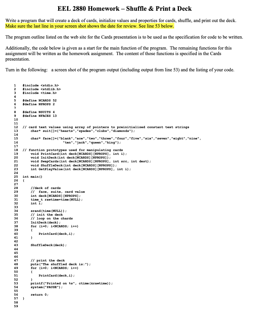 Solved EEL 2880 Homework - Shuffle \& Print a Deck ite a | Chegg.com