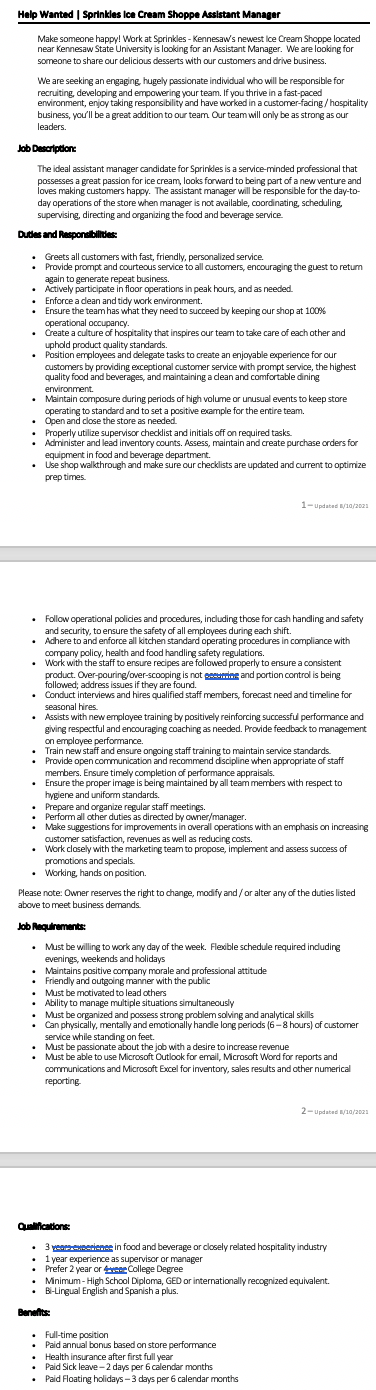 Solved HelpWanted Sprinkles Ice Cream Shoppe Assistant | Chegg.com