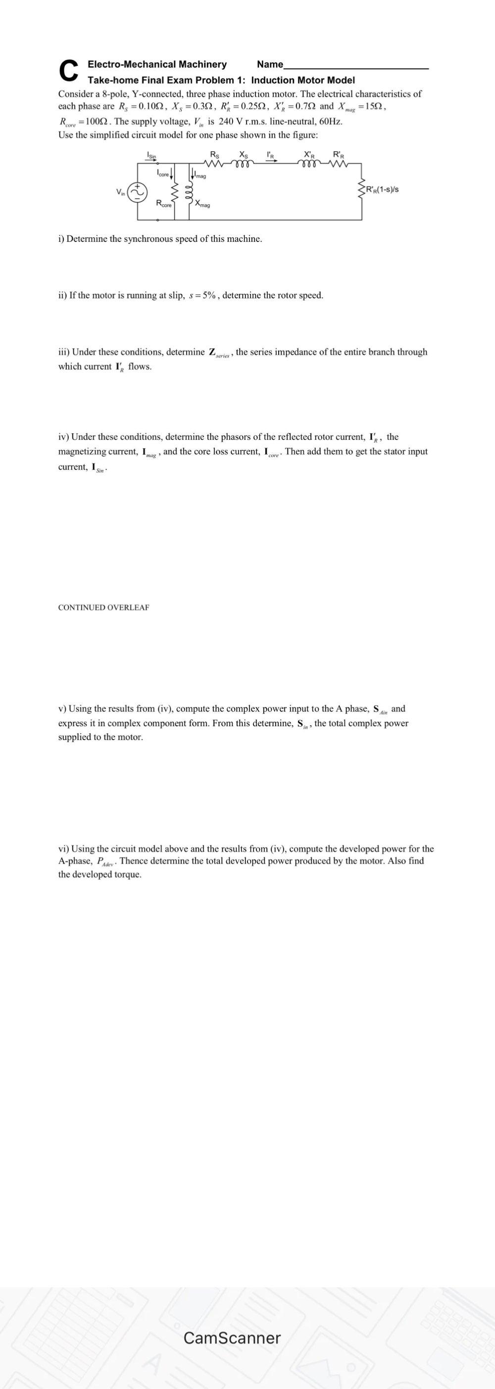 Solved ( Electro-Mechanical Machinery Name Take-home Final | Chegg.com