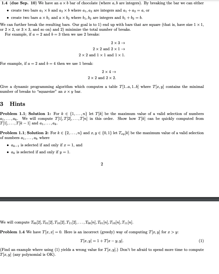 1.4 (due Sep. 10) We have an a x b bar of chocolate | Chegg.com