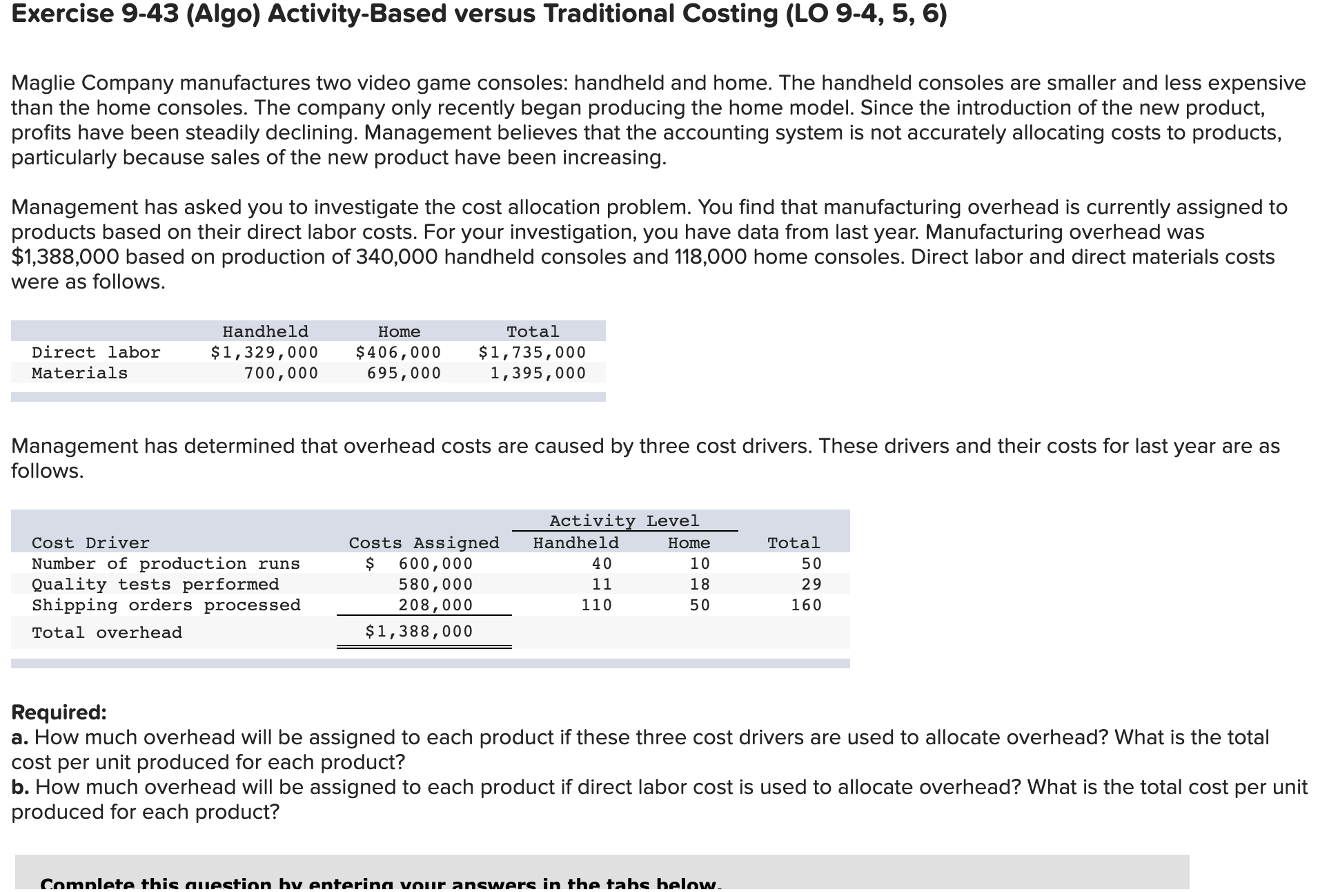 Solved Exercise 9-43 (Algo) Activity-Based versus | Chegg.com