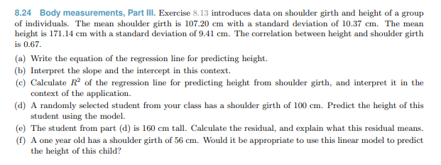 Solved 8.24 Body measurements, Part III. Exercise 8.13 | Chegg.com