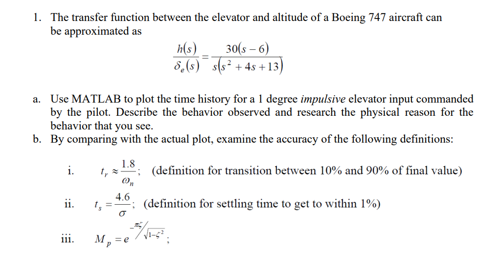 Solved 1. The transfer function between the elevator and | Chegg.com