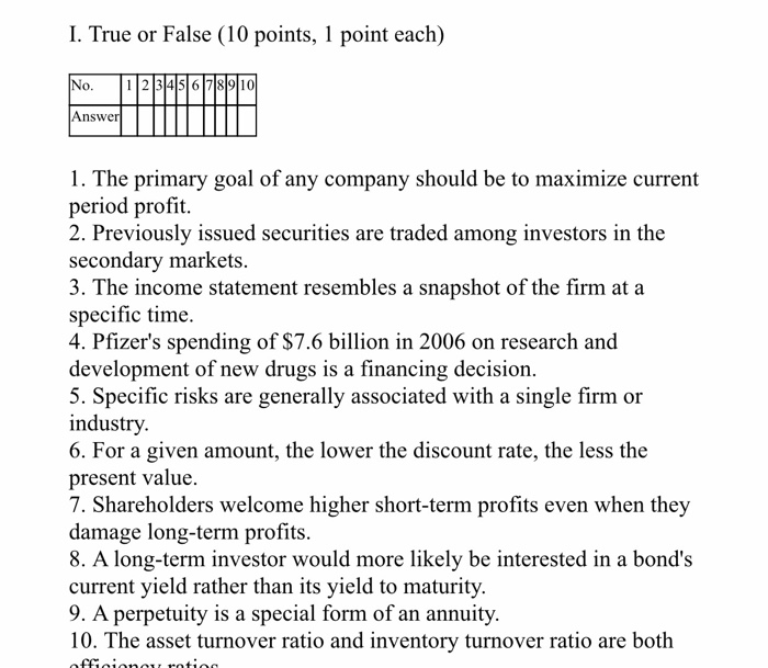 Solved I. True or False (10 points, 1 point each) No Answer | Chegg.com