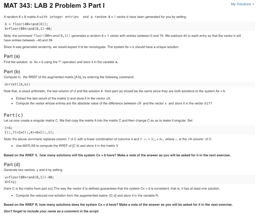 Solved MAT 343: LAB 2 Problem 3 Part I My Solutions > A | Chegg.com