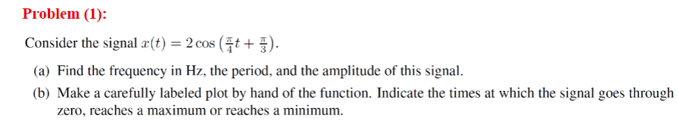 Solved Consider the signal x(t)=2cos(4πt+3π). (a) Find the | Chegg.com