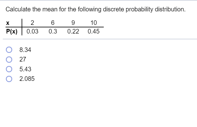 Solved Calculate the mean for the following discrete | Chegg.com
