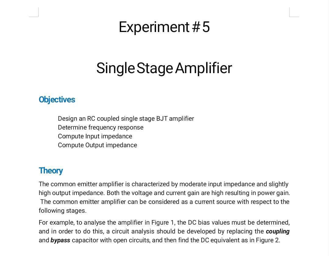 Single Stage Amplifier Objectives Design an RC | Chegg.com