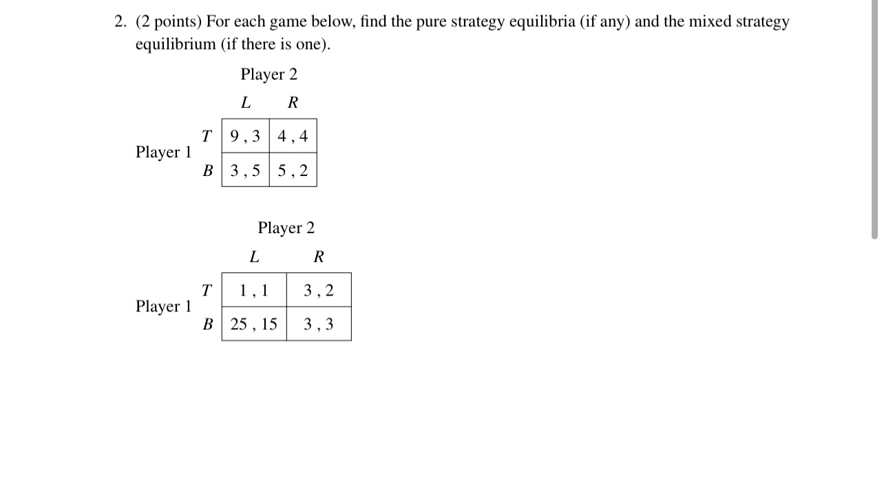 Solved ( 2 ﻿points) ﻿For each game below, find the pure | Chegg.com