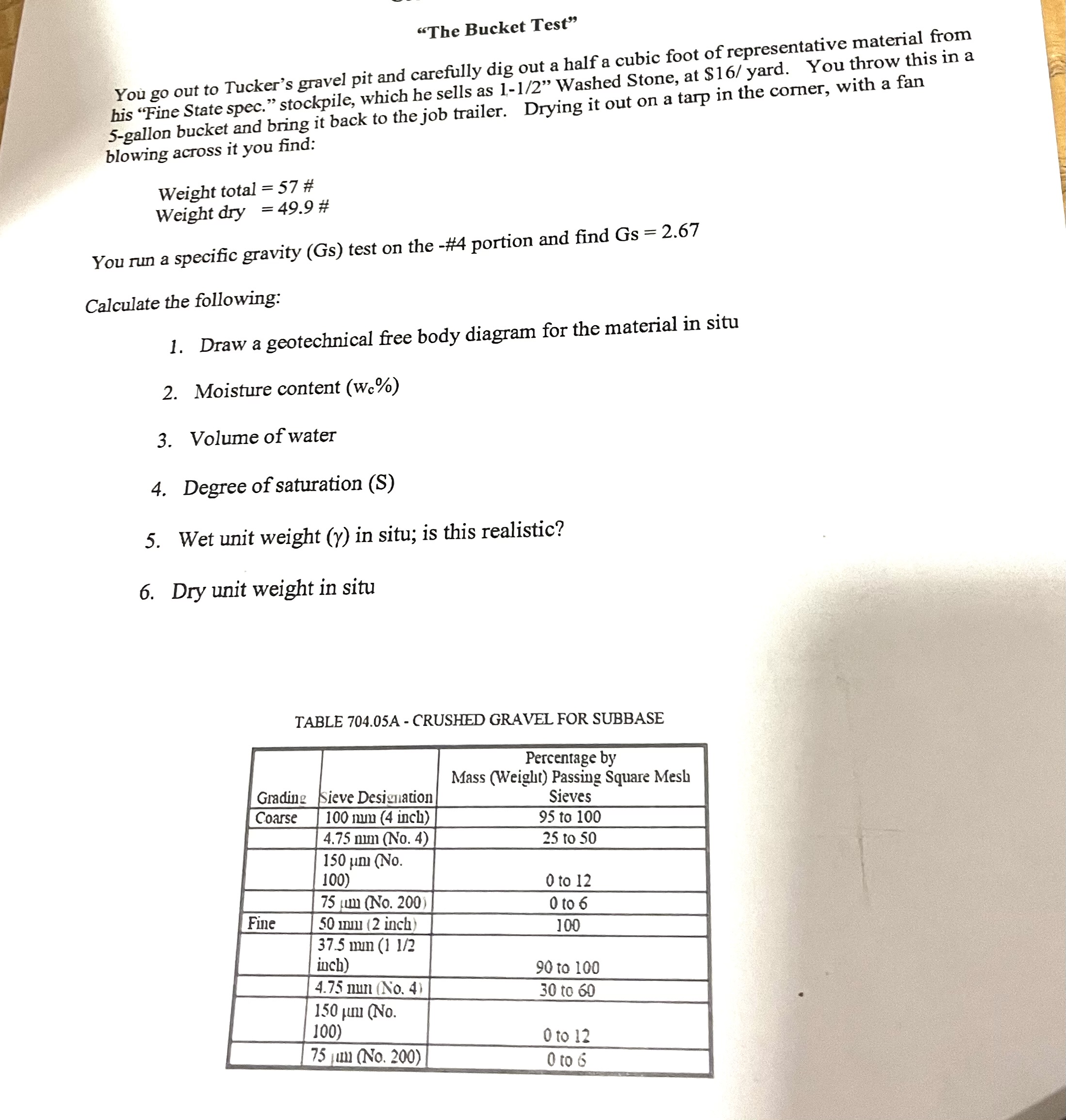 Solved "The Bucket Test"You go out to Tucker's gravel pit | Chegg.com