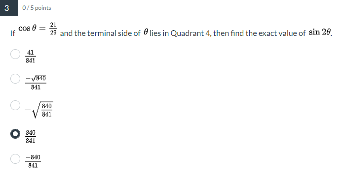 Solved If cosθ=2921 and the terminal side of θ lies in | Chegg.com