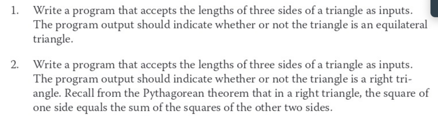 Solved 1. Write a program that accepts the lengths of three | Chegg.com