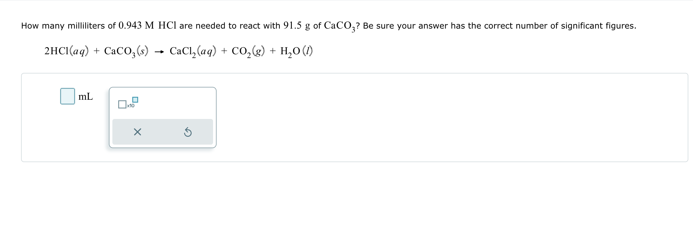 Solved How many milliliters of 0.943MHCl are needed to react | Chegg.com
