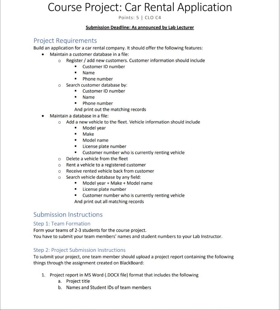 Solved Course Project: Car Rental Application Points: 5 CLO | Chegg.com