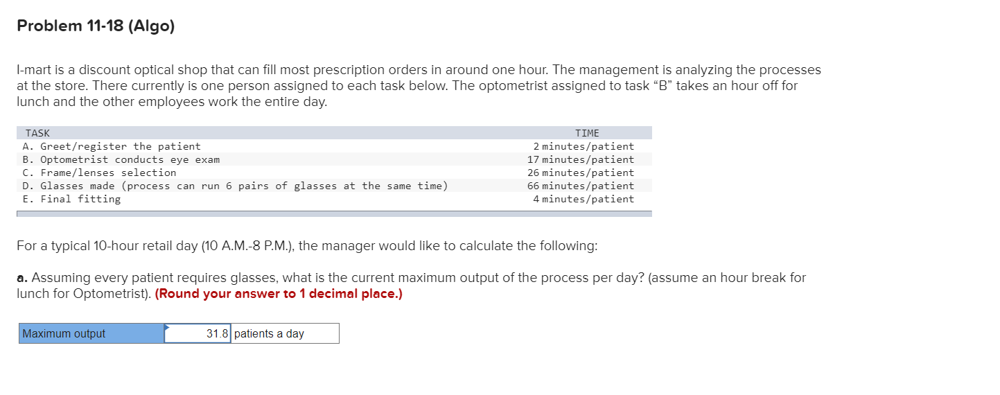 Solved Problem 11-18 (Algo)I-mart is a discount optical shop | Chegg.com