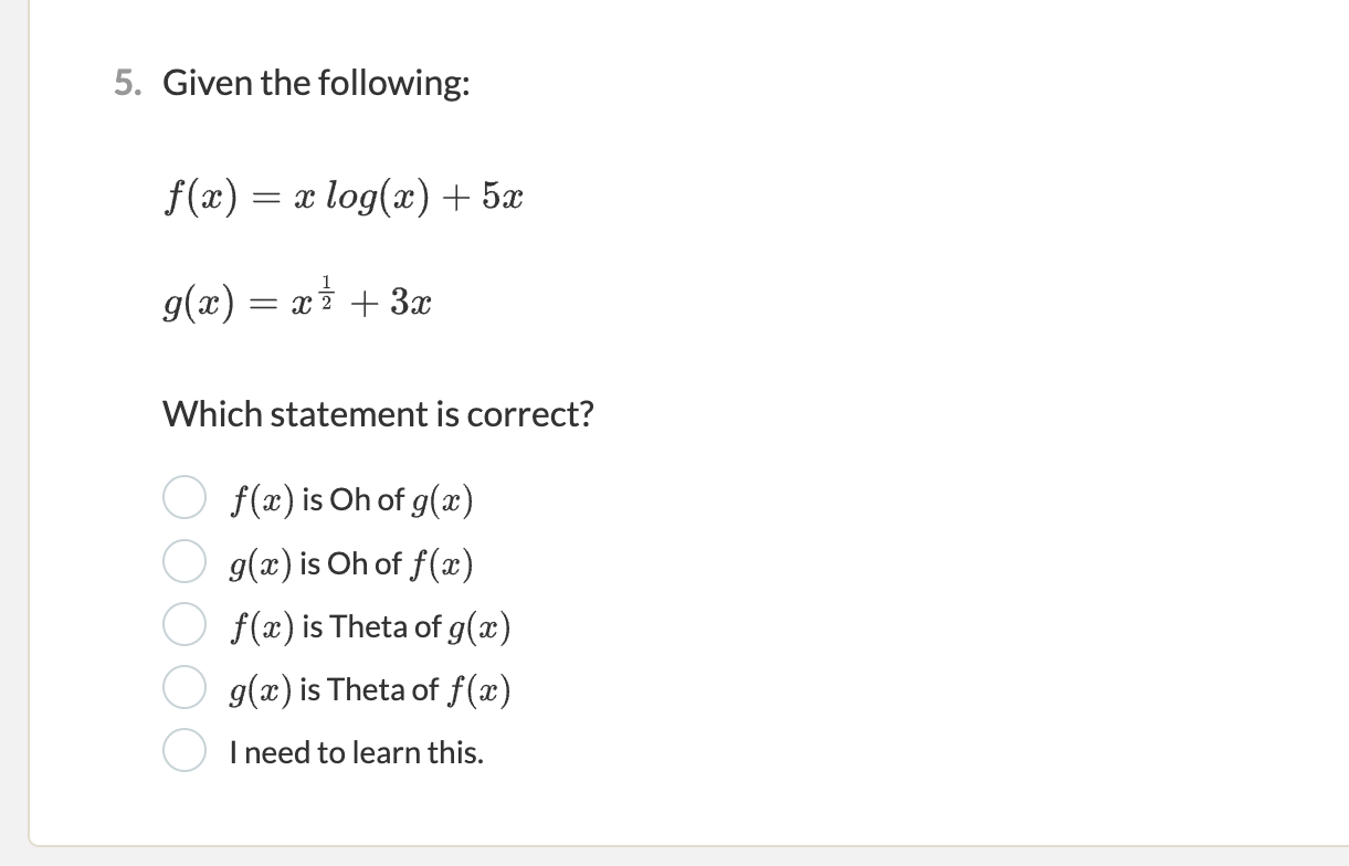 Solved 5. Given the following: f(x)=xlog(x)+5xg(x)=x21+3x | Chegg.com