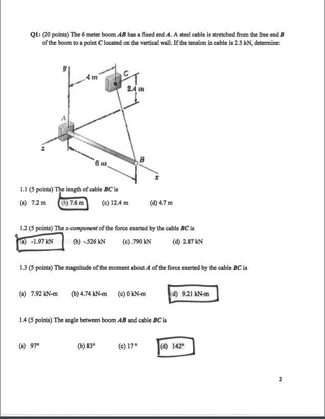 Solved Q1: (20 points) The 6 meter boom AB has a fixed end | Chegg.com