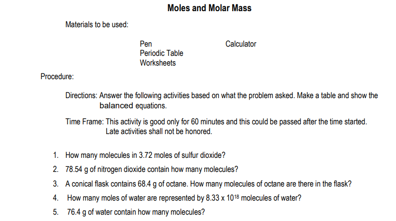 Solved Moles and Molar Mass Materials to be used: Calculator | Chegg.com