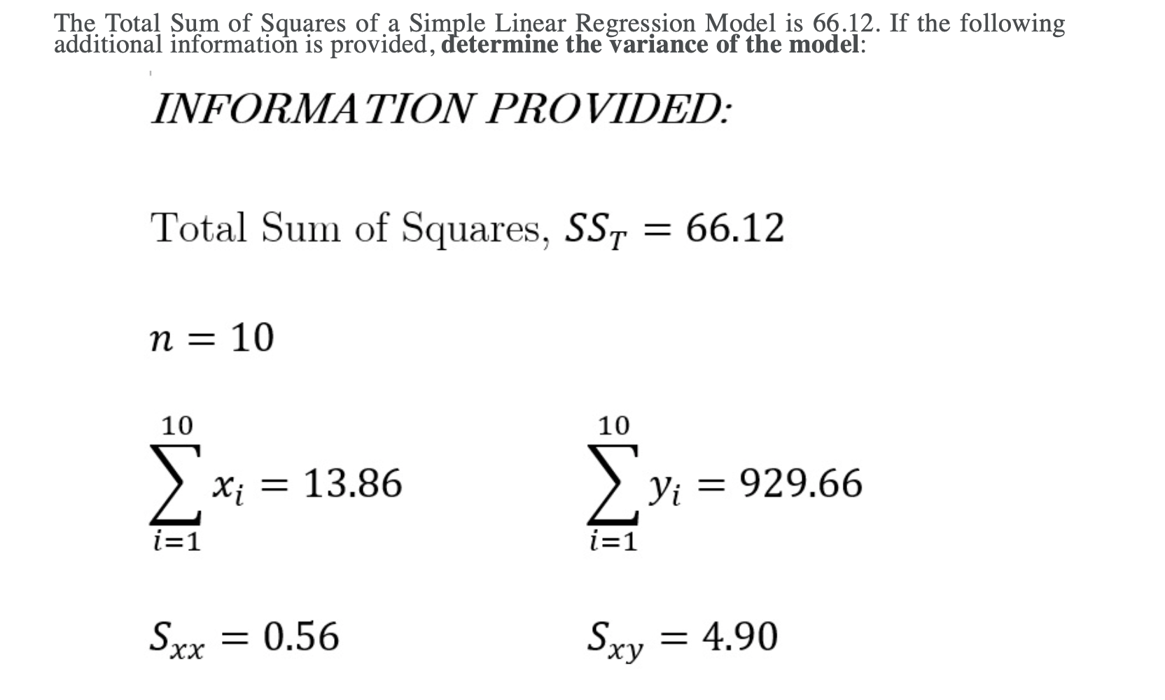 Solved The Total Sum of Squares of a Simple Linear | Chegg.com