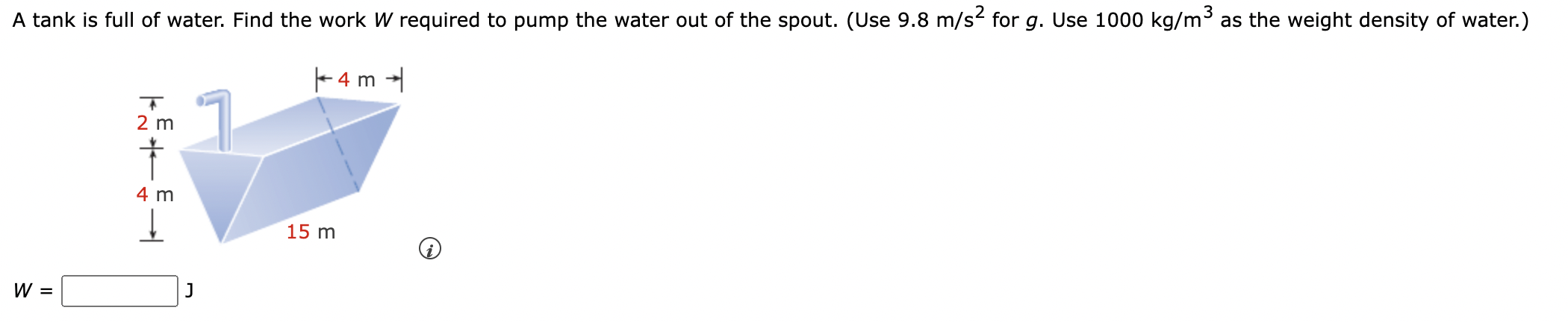 Solved A tank is full of water. Find the work W required to | Chegg.com
