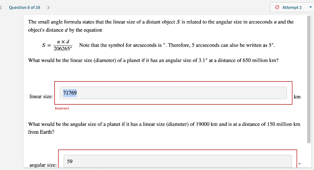 Solved The small angle formula states that the linear size | Chegg.com