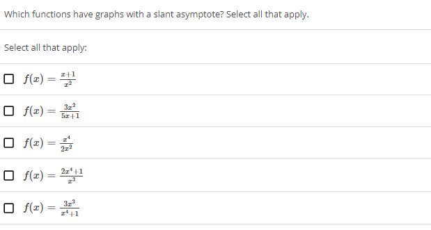 Solved Which functions have graphs with a slant asymptote? | Chegg.com