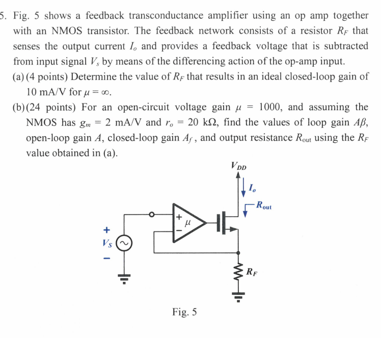 Solved Fig. 5 ﻿shows a feedback transconductance amplifier | Chegg.com