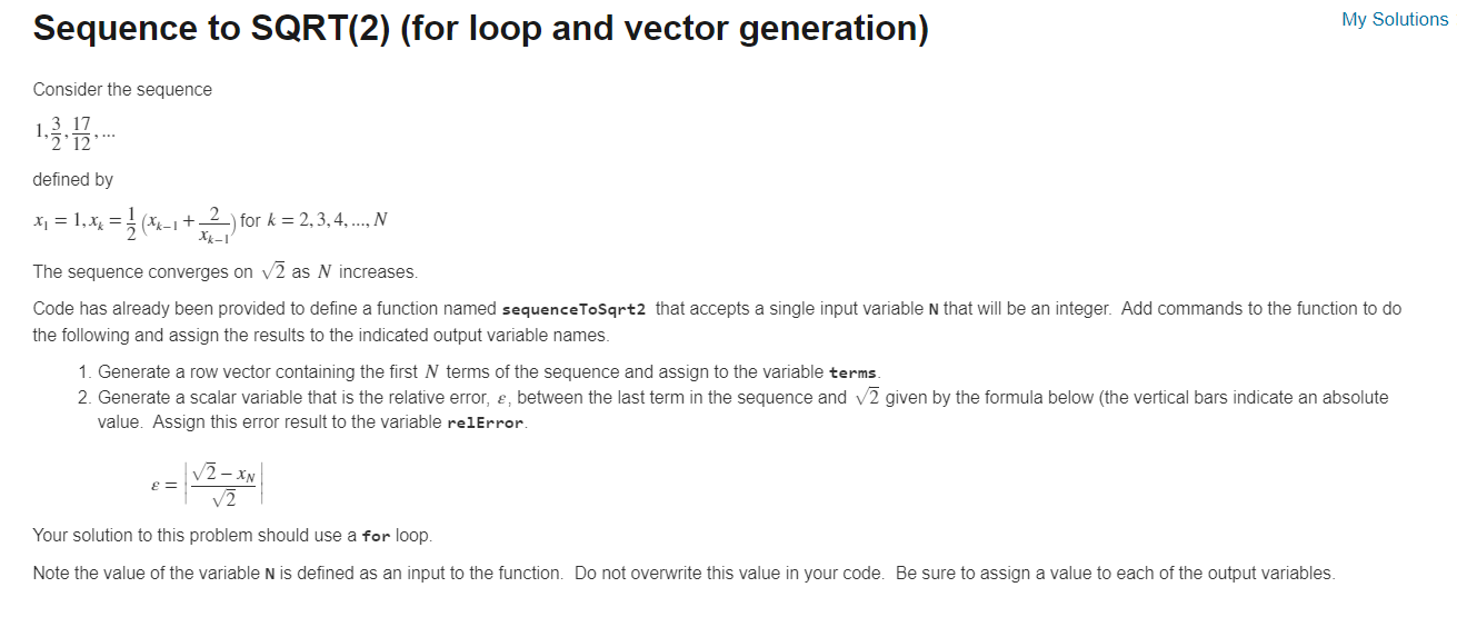 Solved Sequence to SQRT(2) (for loop and vector generation) | Chegg.com