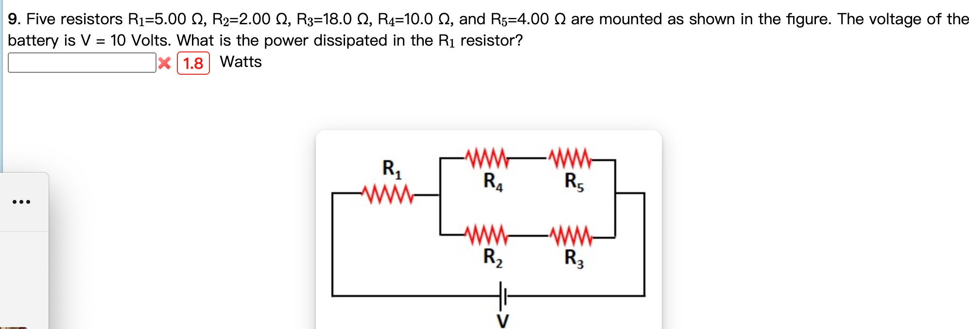 Solved 9. Five resistors R1=5.00 12, R2=2.00 12, R3=18.0 12, | Chegg.com