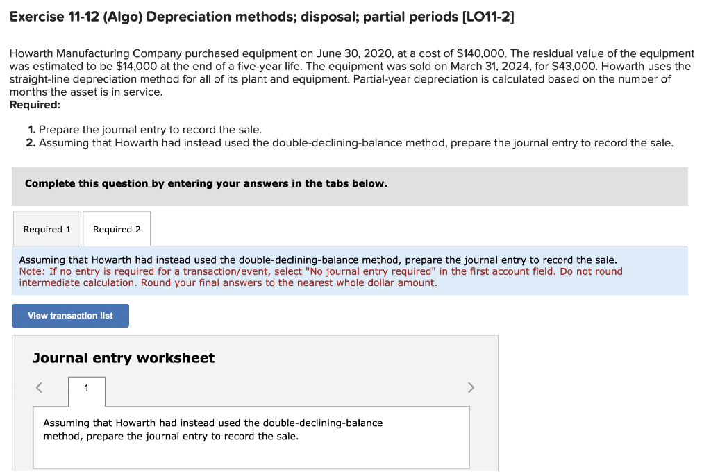 Solved Exercise 11-12 (Algo) Depreciation methods; disposal; | Chegg.com