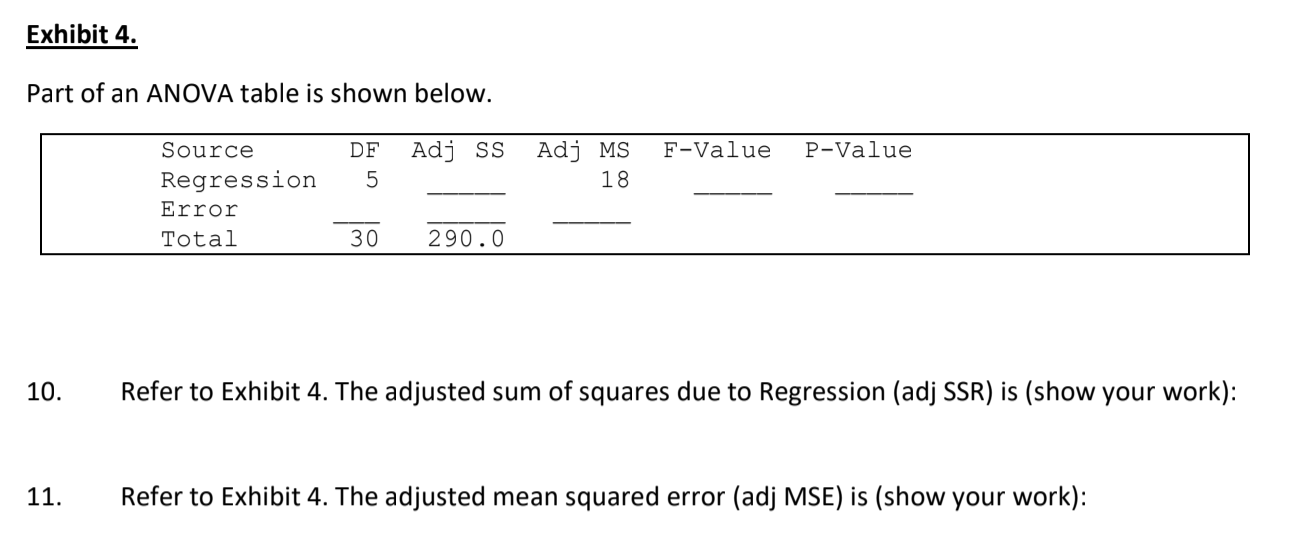 Solved Exhibit 4. Part of an ANOVA table is shown below. Adj | Chegg.com