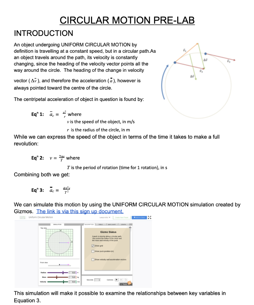 Solved CIRCULAR MOTION PRE-LAB INTRODUCTION A An object | Chegg.com