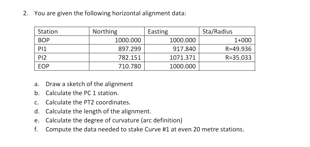 Solved 2. You are given the following horizontal alignment | Chegg.com