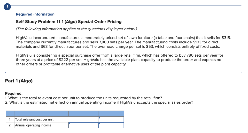 Solved Required information Self-Study Problem 11-1 (Algo) | Chegg.com