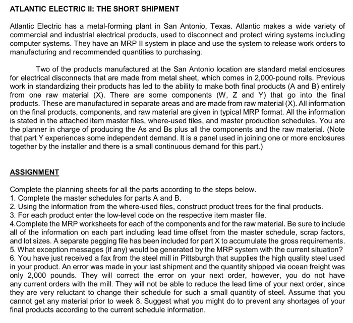 Solved ATLANTIC ELECTRIC II: THE SHORT SHIPMENT Atlantic | Chegg.com