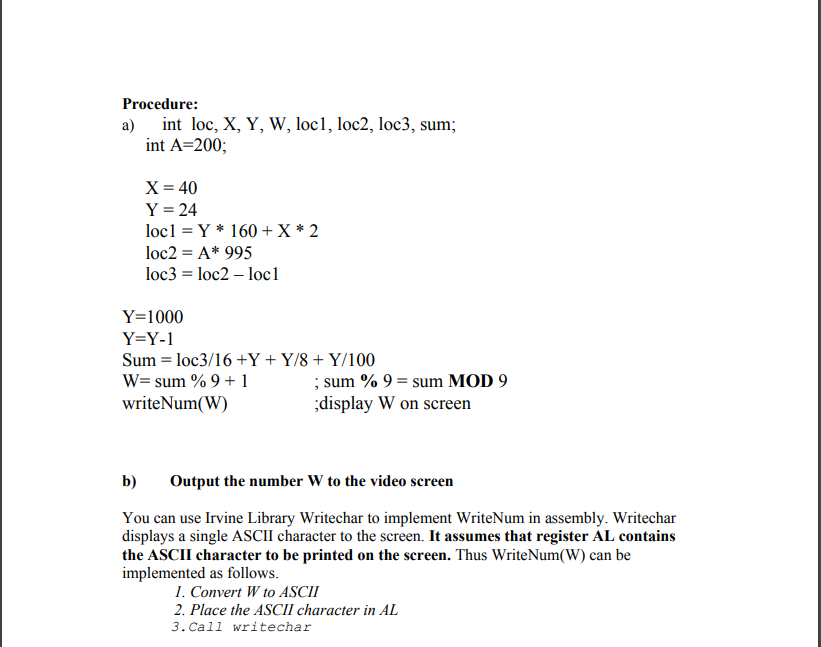 Solved Procedure: a) int loc, X, Y, W, loc1, loc2, loc3, | Chegg.com