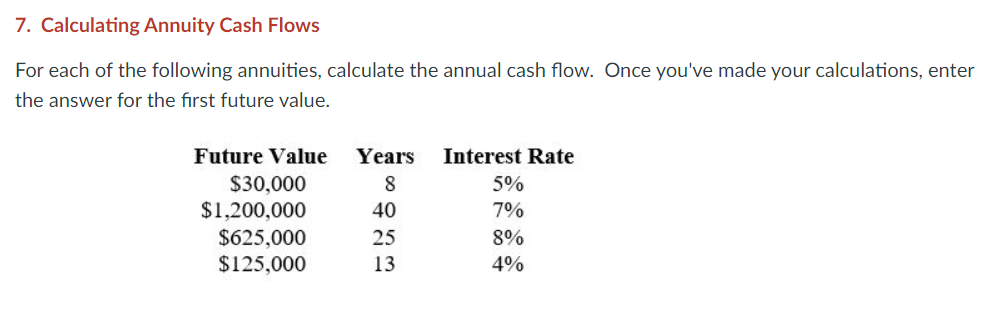 Solved 7. Calculating Annuity Cash Flows For each of the | Chegg.com