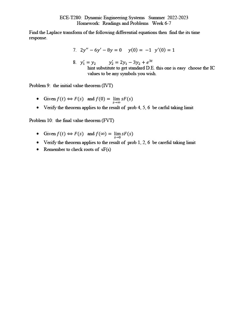 Solved ECE-T280: Dynamic Engineering Systems Summer | Chegg.com